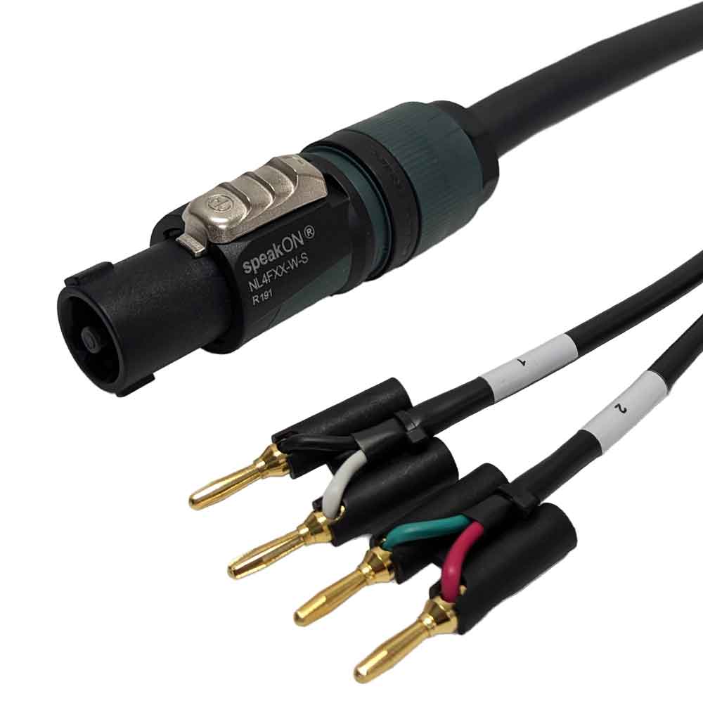 Premium Phantom Cables 4-Pole SpeakON to 2 x Dual Banana Clip Speaker