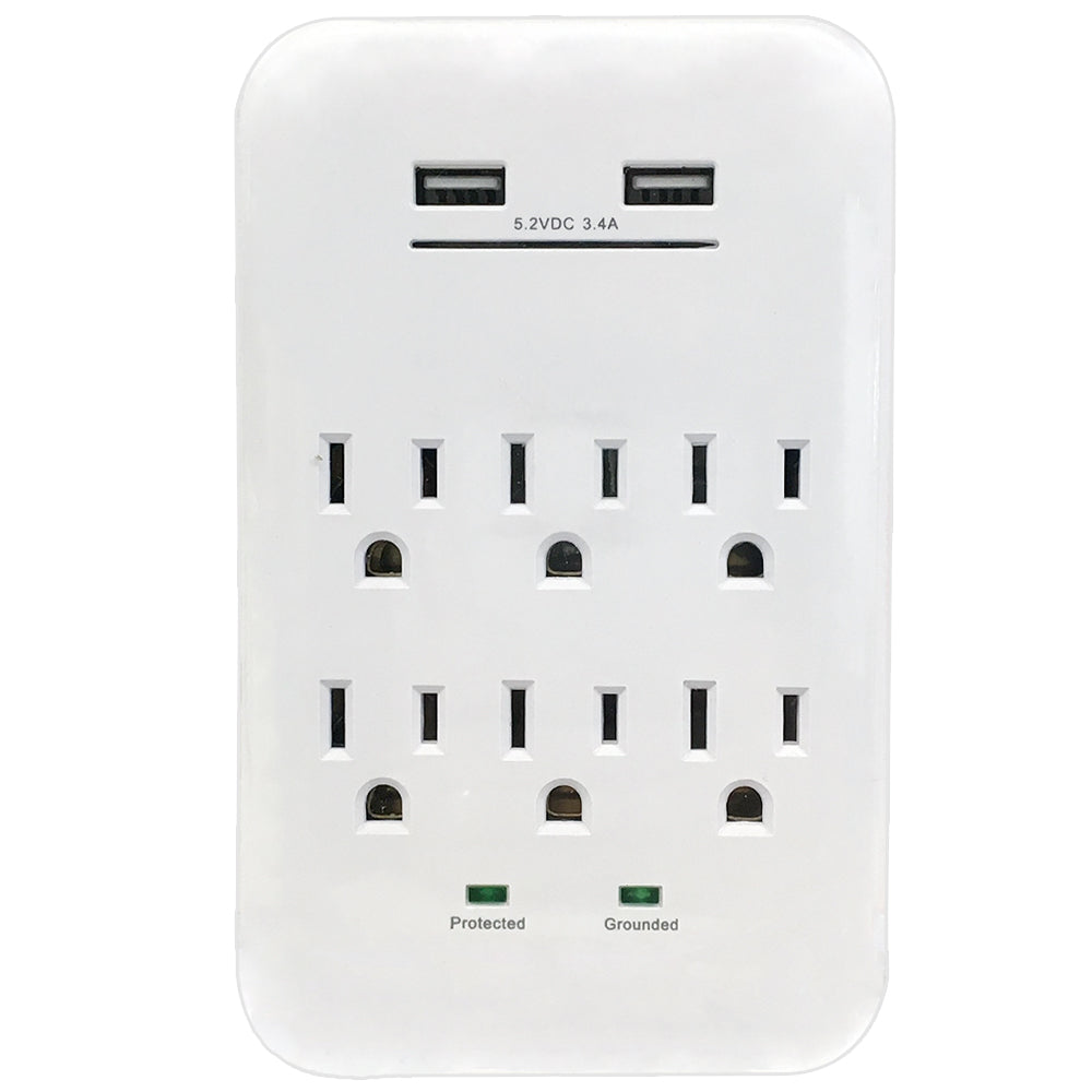 6 Outlet Power Tap - 1200J Surge protection, 2 Fast Charge USB Port