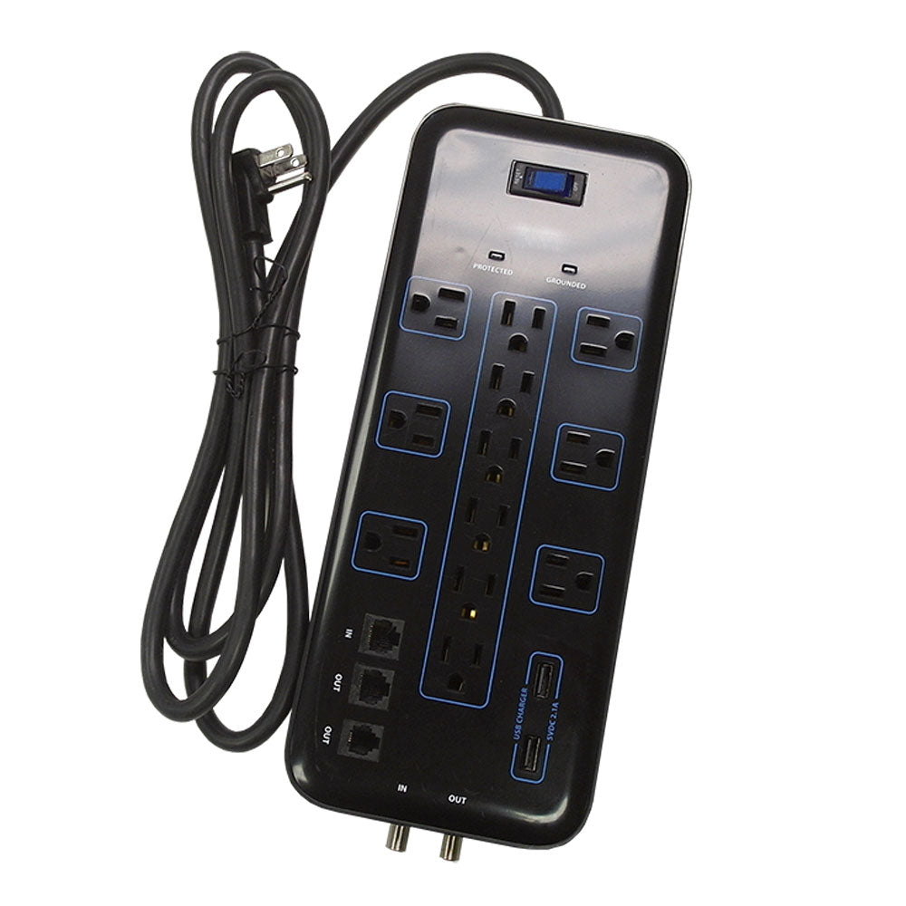12 Outlet Surge Protector - 4200J, 6ft cord, Down Angle Plug, 2 USB Ch
