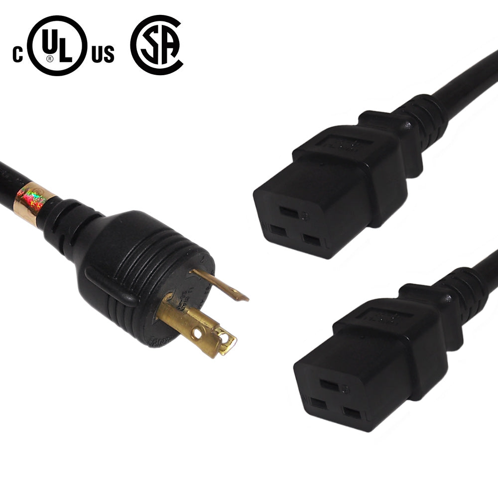 3ft NEMA L6-30P to 2x IEC C19 Power Splitter Cable - 10AWG/12AWG SJT