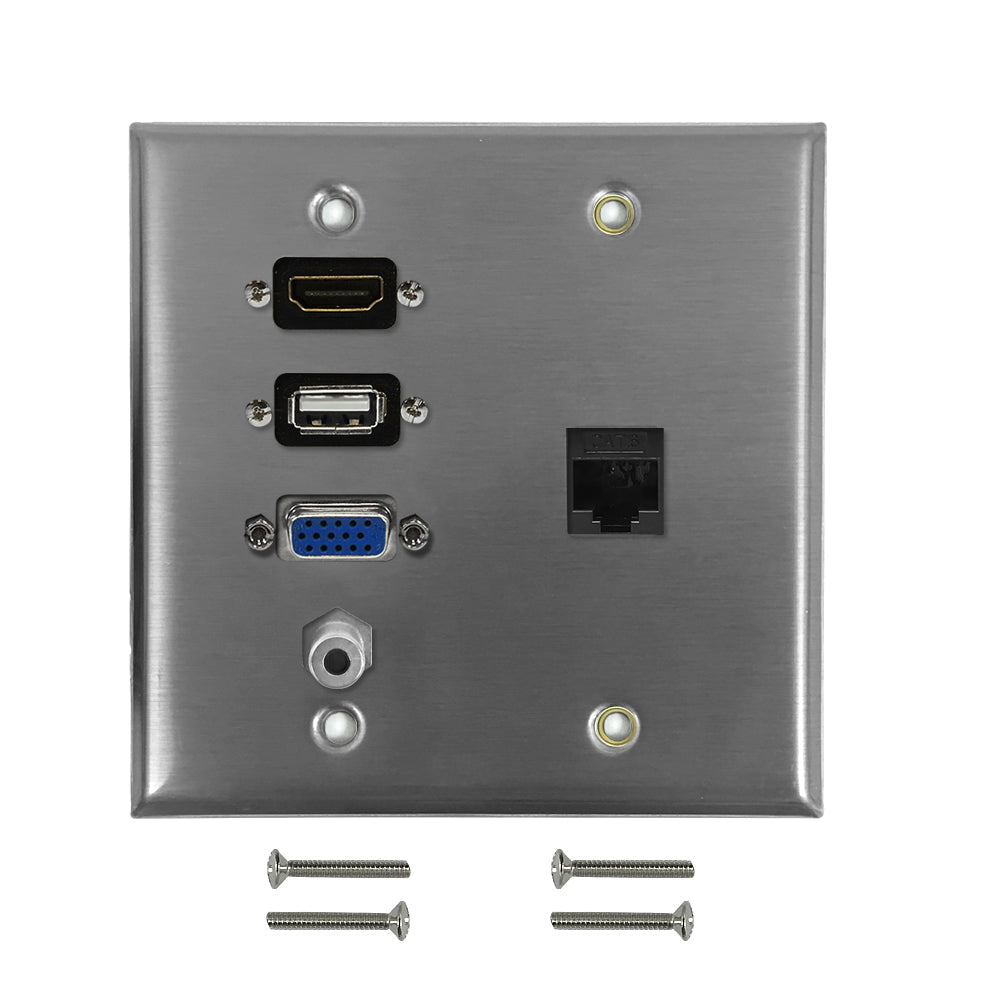 VGA, USB, HDMI, 3.5mm, CAT6 F/F Double Gang Wall Plate Kit - Stainless